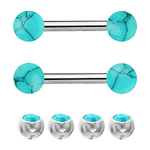 Pair of Turquoise Balls & 4 Aqua lt Blue gem Changeable Balls Nipple bar Rings - 14g