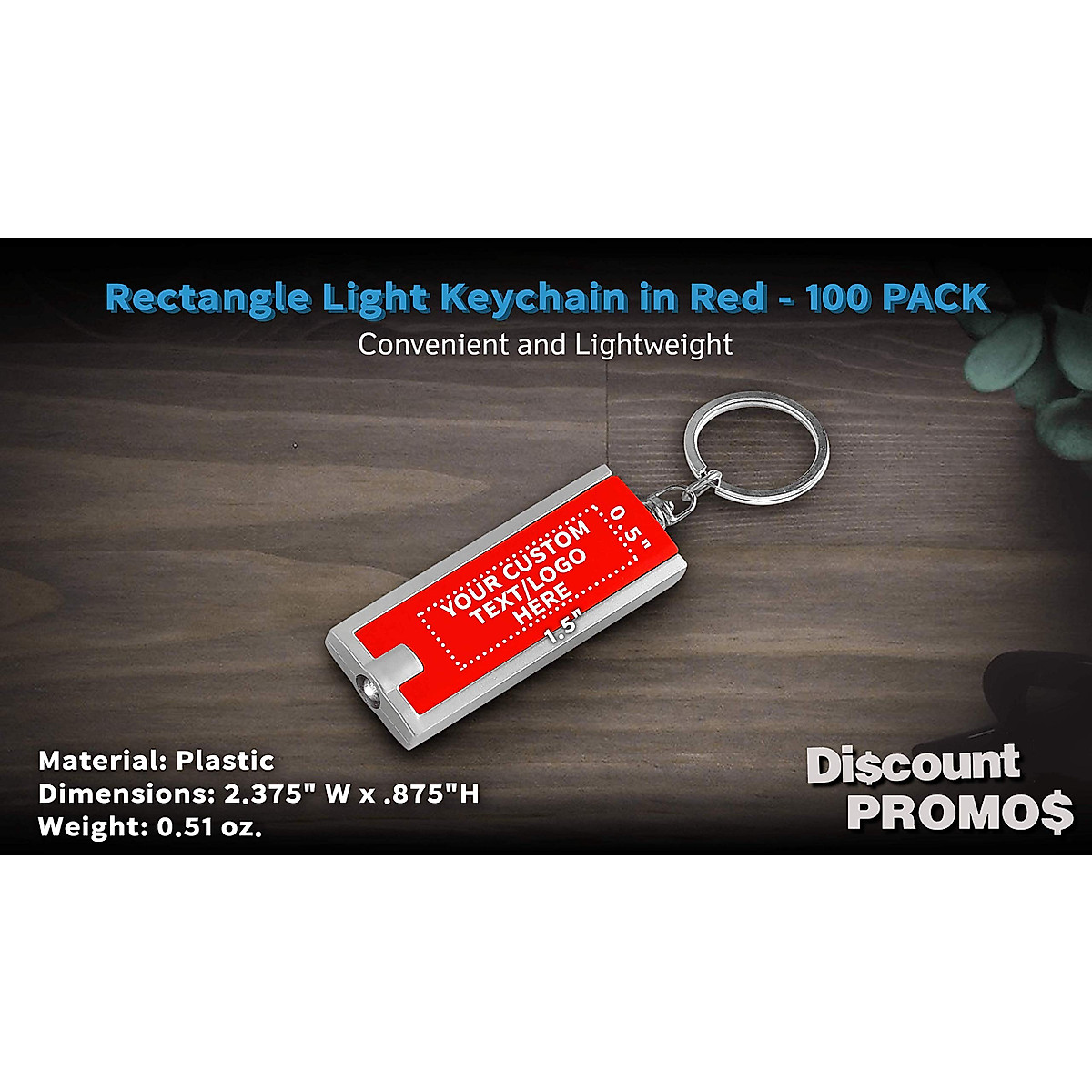 DISCOUNT PROMOS 100 Flashlight Keychains Pack - Customizable Text, Logo - Rectangle, Plastic - Red