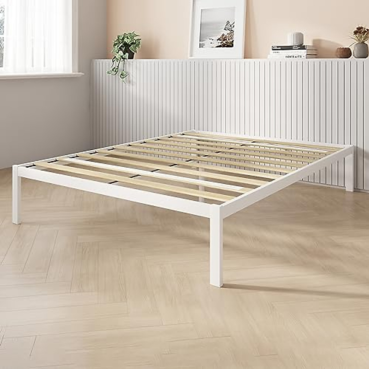 Novilla King Size Bed Frame without Headboard, Metal Platform Bed Frame, No Box Spring Needed, Heavy Duty, Wood Slat Support, Easy Assembly, White