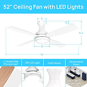 Consciot Ceiling Fan With Lights, 52 Inch Low Profile Ceiling Fan, Remote Control, Quiet Reversible DC Motor, Dimmable Tri-color Temperatures LED, 4 Double Finish Blades, Flush Mount, Indoor Only