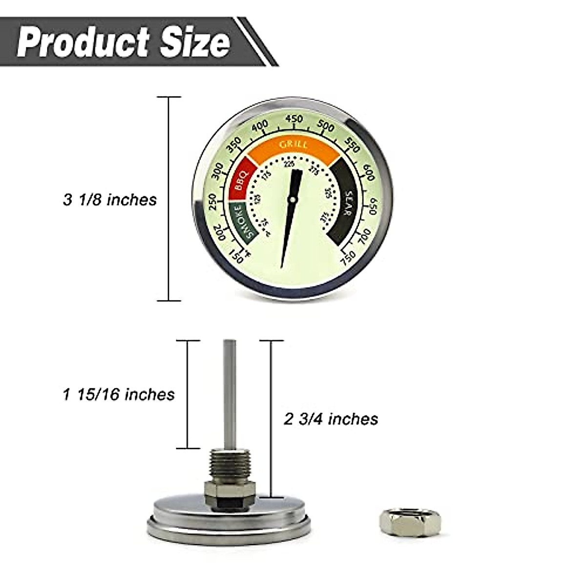 3 1/8” Large Upgraded BBQ Thermometer Gauge for Oklahoma Joe’s Smoker Grill & Most Charcoal Pellet Wood Pit Smoker Grills, 1/2 NPT Male Thread Temperature Gauge Replacement, Luminous Thermostat