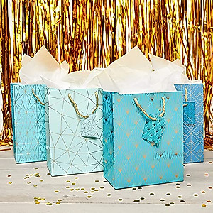 Blue & Gold Foil Gift Bags with Handles, 4 Designs for Baby Shower, Wedding (15 Pack)