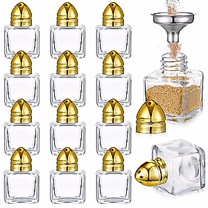 Uiifan 12 Pcs 0.5 oz Cube Shape Small Salt and Pepper Shakers with Gold Tone Tops Clear Mini Glass Seasoning Jars Spice Salt Shakers with Funnel for Gold Wedding Party Home Restaurant Kitchen Travel