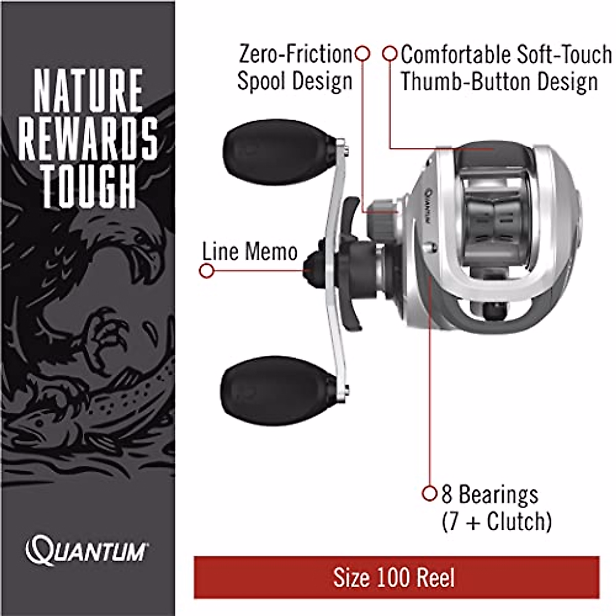 Quantum Throttle Baitcast Fishing Reel, Size 100 Reel, Right-Hand Retrieve, Lightweight Graphite Frame and Side Covers, Continuous Anti-Reverse Clutch, 7.3:1 Gear Ratio, Silver/Black