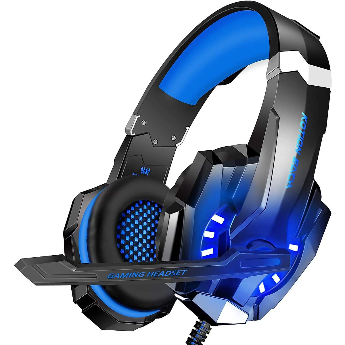 BlueFire Stereo Gaming Headset for PS4, PS5, PC, Xbox One, Noise Cancelling Over Ear Headphones with Mic, LED Light, Bass Surround, Soft Memory Earmuffs for Laptop Nintendo Switch Games (Blue)