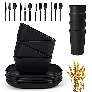afcevnlb 24 Piece Wheat Straw Square Dinnerware Sets for 4, Unbreakable Dinner Plates and Bowls Sets for Camping Party Grill (Black)