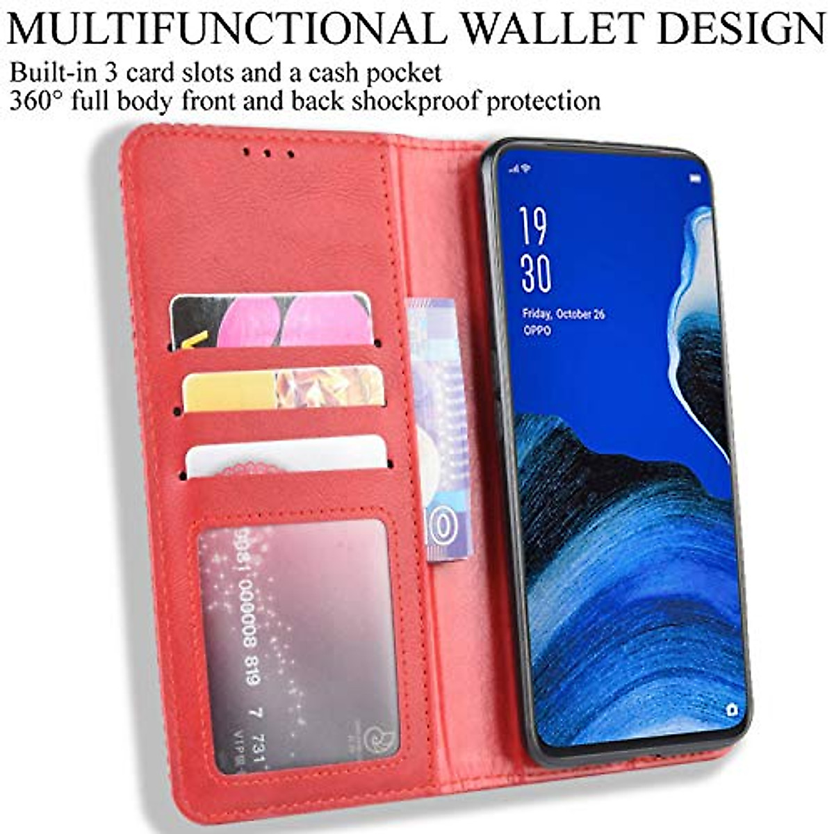 HualuBro Oppo Reno 2Z Case, Retro PU Leather Wallet Flip Folio Shockproof Phone Case Cover with [Kickstand] [Card Slots] [Magnetic Closure] for Oppo Reno2 F / Reno2 Z (Red)