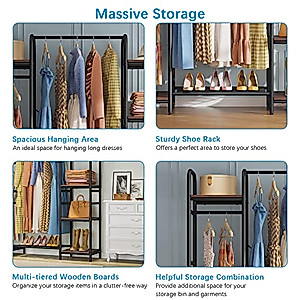 Timate P9 Clothes Rack with Shelves Portable Freestanding Clothing Rack for Hanging Clothes, Heavy Duty Garment Rack with 6 Wood Shelves & 2 Hanging Rod Sturdy Metal Storage Wardrobe for Bedroom Black