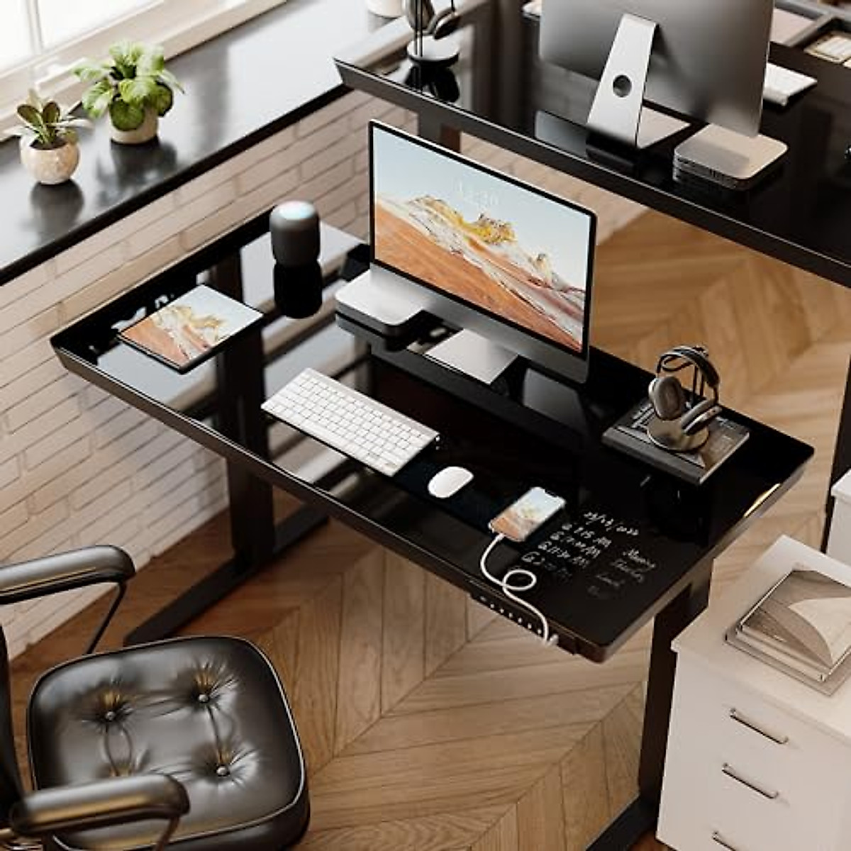 BANTI Electric Standing Desk with Drawers, 48 inch Whole-Piece Glass Desktop, Height Adjustable Stand up Sit Stand Home Office Ergonomic Workstation, Black Tabletop