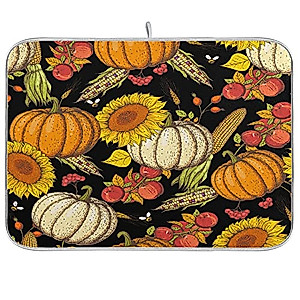 Summer Sunflowers Dish Drying Mat for Kitchen Counter 16x18 In Pumpkins Reversible Cute Sunflowers Tableware Pad Dish Drainer Rack Mats Fast Absorbent Kitchen Accessories for Countertop Sink