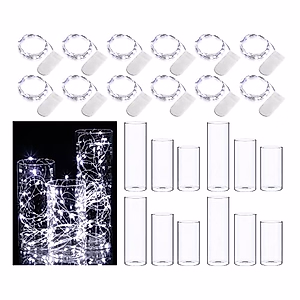 Clear Glass Vases Cylinder Vases for Centerpieces and 10 ft 30 LED White Fairy Lights Battery Operated Mini String Lights for Jar DIY Wedding Party Home Table Christmas Decor (4 Set)