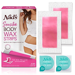 Nad’s Body Wax Strips for Sensitive Skin, Hair Removal for Sensitive Skin, Hypoallergenic, Includes 28 Waxing Strips & 2 Post Wax Calming Oil Wipes