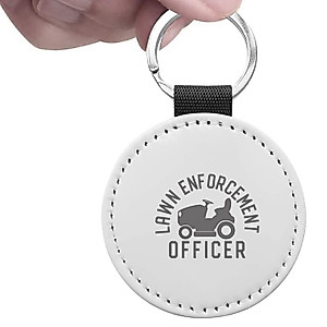 DistinctInk Vegan Leather Keychain Key Tag Key Ring - 2 inch circle - Black Glitter Back - Lawn Enforcement Officer, Lawnmower