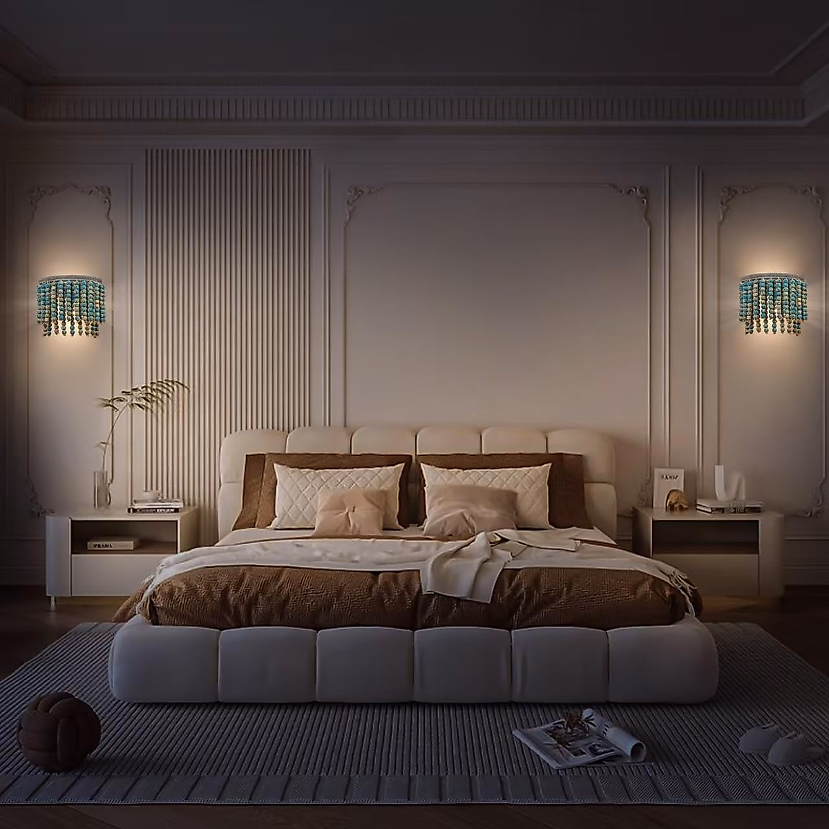 JCPYIUL Boho Wall Sconce, Vintage Art Deco Wall Sconce Indoor, Hardwired Hallway Sconces Wall Lighting for Bedroom Livingroom Entryway(Blue Wood Bead)