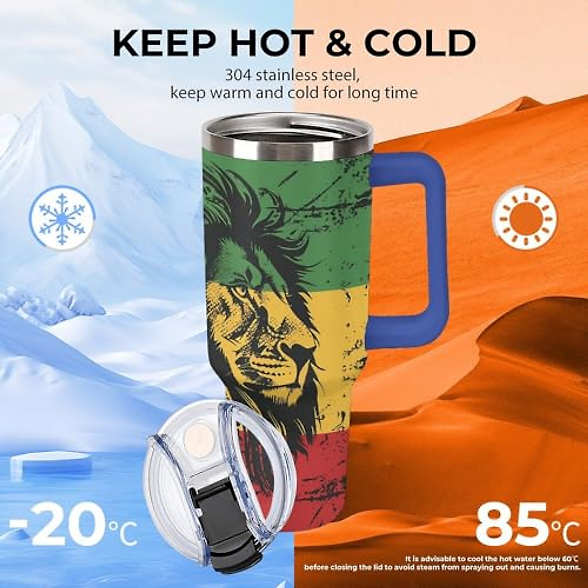 Lion Reggae Jamaica 40 Oz Tumbler Insulated Stainless Steel Water Bottle Travel Mug Car Cup with Handle And Straw