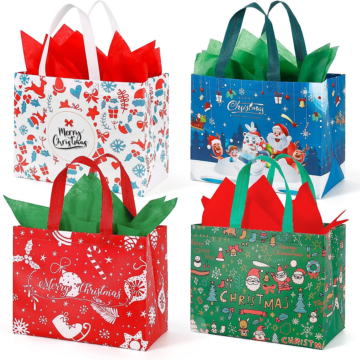 Large Christmas Gift Bags with Tissue Paper,12 Pack Reusable Xmas Gift Bags With Handle Christmas Bag Bulk Non-Woven Holiday Gift Bags Christmas Treat Baskets Party Supplies 12.2" x 9.8" x 4.5"