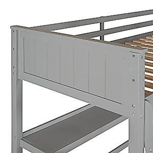Twin Size Loft Bed with Desk and Drawers, Solid Wood Loft Bed with Storage Shelves for Kids Teens Adults - Gray