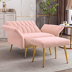 Modern Velvet Single Sofa Chair with Ottoman, Accent Living Room Chairs with Adjustable Armrests, Upholstered Tufted Lounge Chair for Home, Bedroom, Office (Pink)