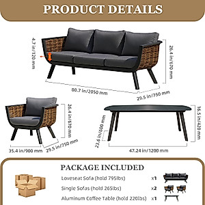 MaluttiLifestyle 5 Piece Patio Outdoor/Indoor Furniture Set, Outdoor Sectional Sofa with Weather-Resistant Cushions and Aluminum Coffee Table, All-Weather Textilene Conversation Set, Black