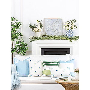 Hofdeco Premium Coastal Patio Indoor Outdoor Throw Pillow Cover Only, 20”x20” Water Repellent for Backyard, Couch, Baby Blue Green Embroidered Tulips Floral with Piping