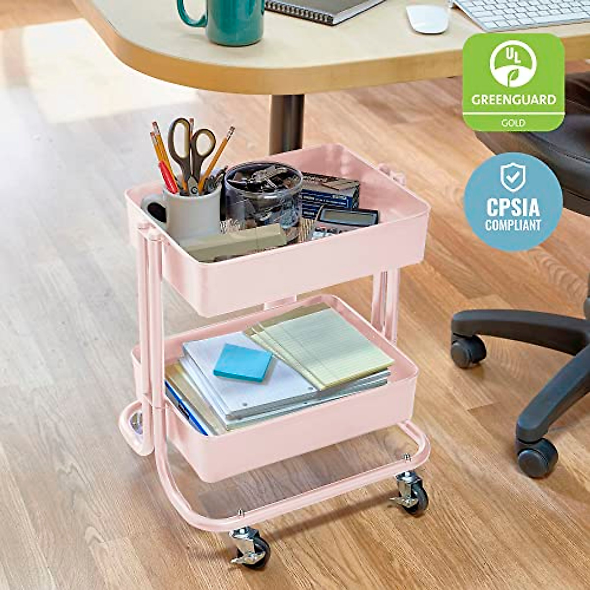 ECR4Kids 2-Tier Rolling Utility Cart, Multipurpose Storage, Pink