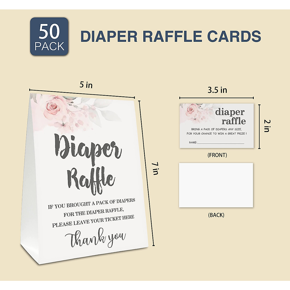 Diaper Raffle Tickets For Baby Shower, Floral Themed Cards, Party Favors For Baby Showers Game Cards,1 Sign & 50 Cards Per Pack – (018-niaobu)