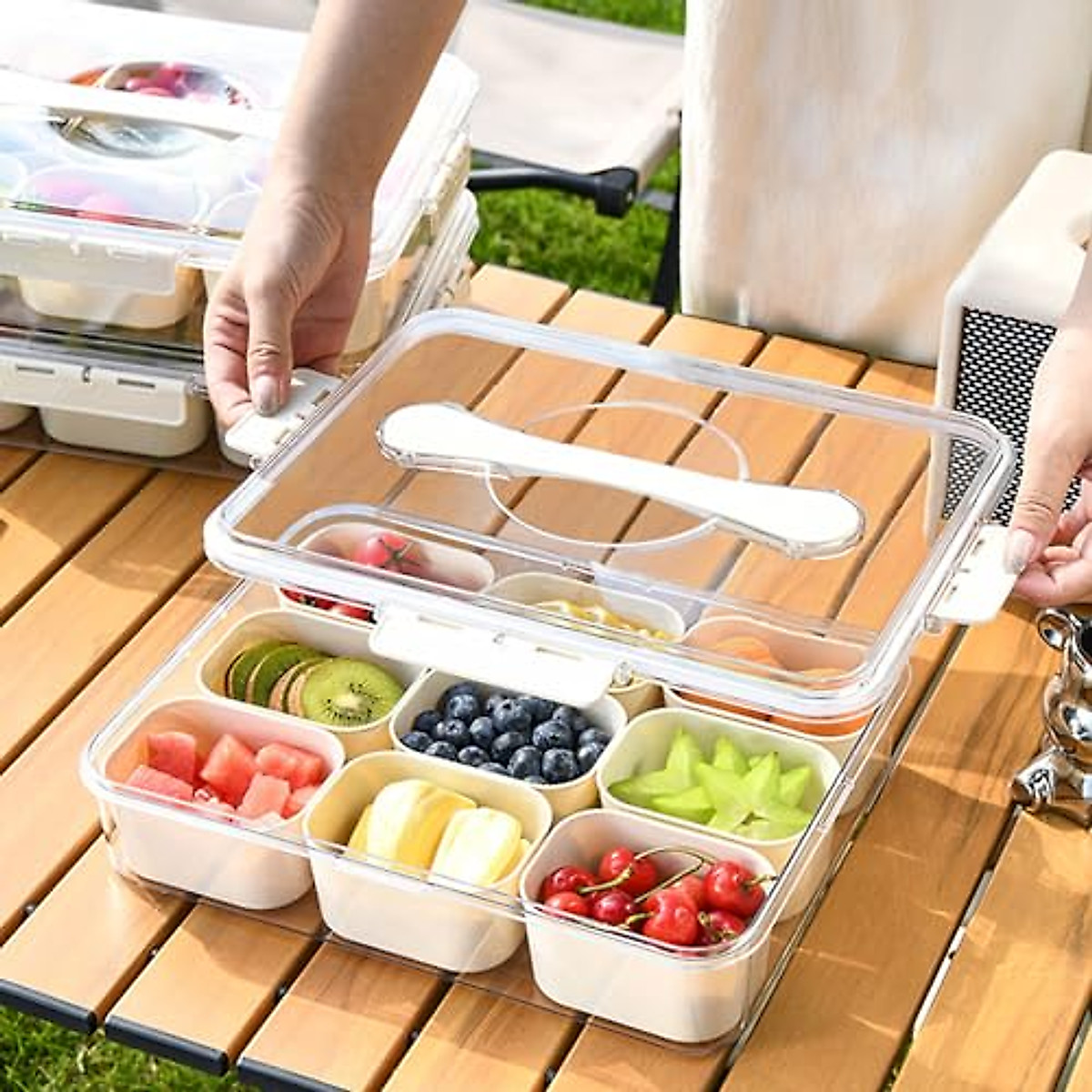 2 Pack Portable Picnic Parties Fruit Tray, 9 Compartment Fridge Food Veggie Condiment Divided Serving Preservation Storage Containers, Kitchen Clear Snackle Box Candy Organizer with Lid Handle