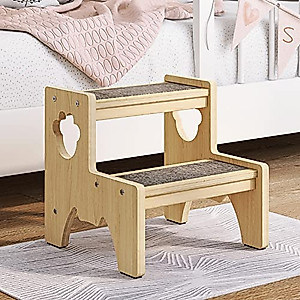 Wooden Toddler Step Stool for Kids, Bowdanie Two Step Stool Adults with 4 Non-Slip Pads and 2 Carpets, Wood Stepping Stool for Bathroom Sink, Kitchen Stools & Potty Training Bedroom Home Use (Natural)