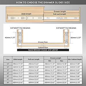 AOLISHENG 1 Pair Push to Open Drawer Slides 12 14 16 18 20 22 24 Inch 100 lb Load Capacity Side Mount Handleless Ball Bearing Full Extension Touch Open Rails Cabinet Metal Runner Dresser Glide Black