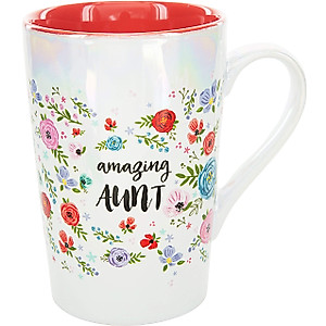 Pavilion Gift Company Amazing Aunt 15 Oz Stoneware Iridescent Floral Latte Coffee Cup Mug, White