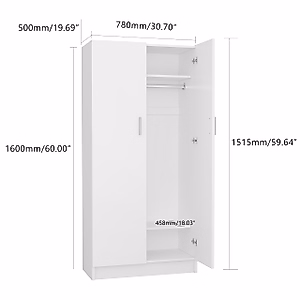 Panana 2 Door Wardrobe Closet Storage Cupboard, with Rail and Shelves Bedroom Armoires