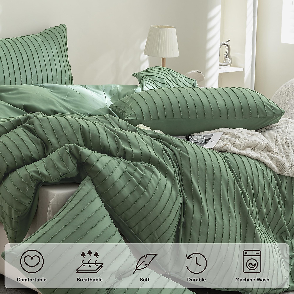 JELLYMONI Green Duvet Cover Queen Size - 3PCS Microfiber Tufted, Boho Striped, Textured Duvet Cover with Corner Ties & Zipper Closure