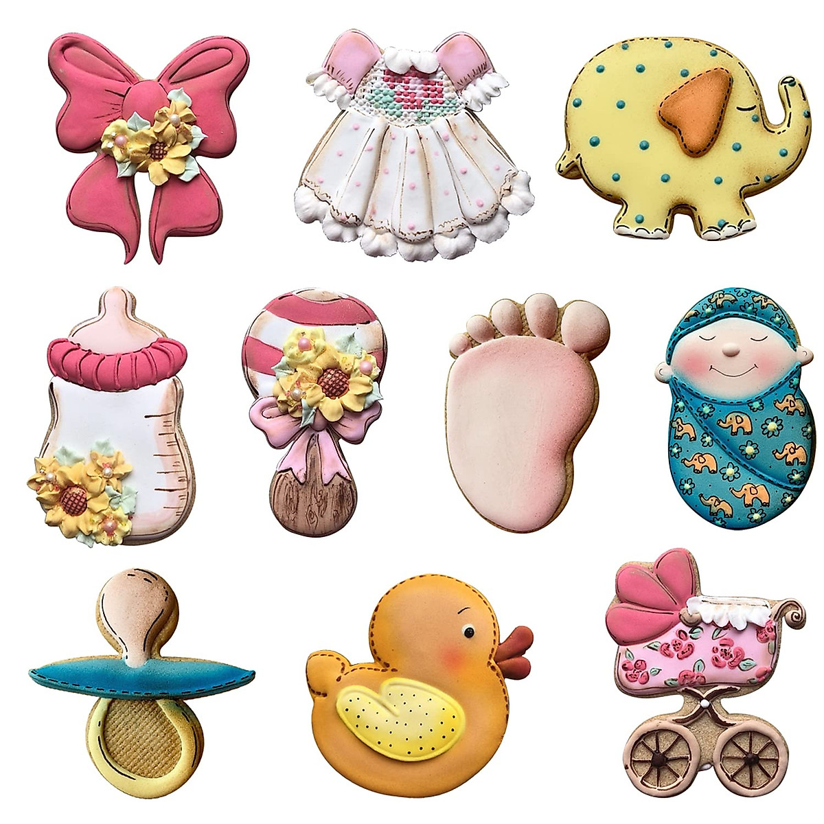 LILIAO Baby Shower Cookie Cutter Set - 10 Pcs - Footprint Dress Carriage Pacifier Ribbon Duck Rattle Elephant Bottle Baby Biscuit Cutters - Stainless Steel