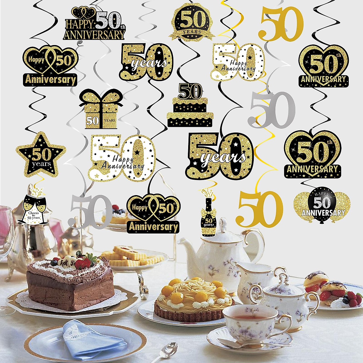 30pcs 50th Anniversary Decorations Hanging Swirl Party Supplies, Happy 50th Wedding Anniversary Hanging Swirl Decorations, Black Gold 50 Year Anniversary Theme Decor Sign