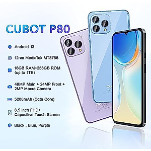 CUBOT P80 Unlocked Cell Phone,16GB RAM+256GB ROM,MT8788 Octa-core Android 13 Mobile Phone,6.58" FHD+ Display,5200mAh 2-Day Battery,48MP+24MP Camera,4G Dual Sim Smartphone with Headphone,NFC (Black)