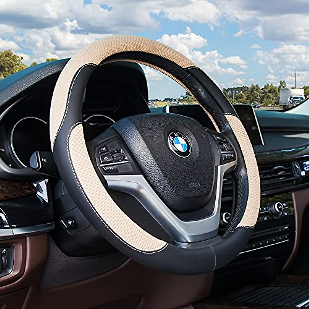 Achiou Steering Wheel Cover Microfiber Leather and Viscose, Breathable Mesh Universal 14.5-15 inch, Refreshing and Comfortable