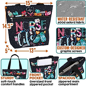 84hoods Aesthetic Tote Bag for Women and Girls. Cute Graphic Nurse Life Tools Large Shoulder Bag 15 inch with Pockets and Zipper for Work. Waterproof Grocery Bag. Gift for Nurse.