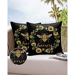 Vandarllin Outdoor Throw Pillows Covers 18X18 Set of 2 Waterproof Floral Sunflower Wreath Decorative Zippered Lumbar Cushion Covers for Patio Furniture, Bee Honey Black