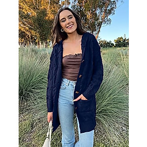 MASCOMODA Long Cable Knit Cardigans for Women 2024 Trendy Oversized Boyfriend Button Front Winter Sweater Coats with Pockets(Navy,Small)