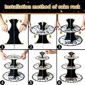 2-Set Class of 2023 Black Gold 3-Tiered Graduation Round Cardboard Cupcake Stands 24 Cake Inserts and 24 Cake Borders for Grad Themed Party Decor Graduation Dessert Favors Supplies (Black Gold)