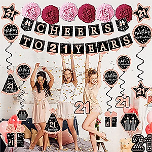 21st Birthday Decorations for her - (21pack) Cheers to 21 Years Rose Gold Glitter Banner for her, 6 Paper Poms, 6 Hanging Swirl, 7 Decorations Stickers. 21 Years Old Party Supplies Gifts for her