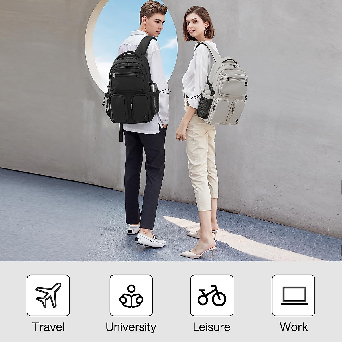 Mixi Travel Laptop Backpack, Lightweight Durable School Bookbag Men Woman 15.6" Computer Bag, Water Resistant Outdoor Hiking Backpacks with Multifunction Pockets, 17 Inch, Beige