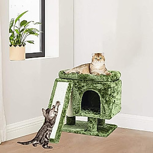 SYANDLVY Small Cat Tree for Indoor Cats, Kittens Condo with Scratching Post and Board, Cat Cave, Modern Cat Activity Tower with Plush Perch (Green)