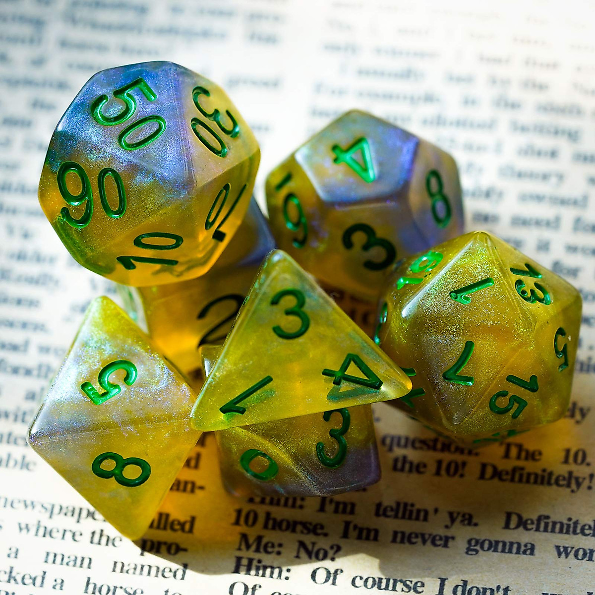 Cusdie 7-Die Resin DND Dice, Polyhedral Dice Set, for Role Playing Game Dungeons and Dragons D&D Dice MTG Pathfinder (Yellow/Blue Green Numbers)
