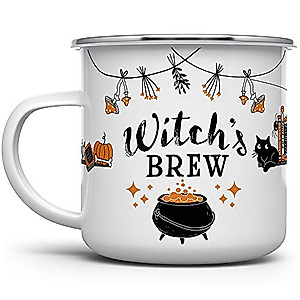 Halloween Fall Autumn Season Enamel Campfire Mug, Witch's Brew Outdoor Camping Coffee Cup, Gift for Friend, Mom, Sister, Coworker (12oz)