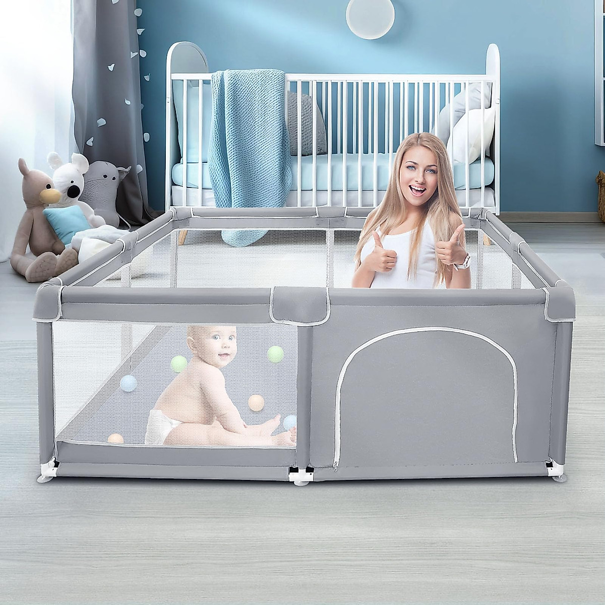 Fshibila Baby Playpen Baby Play Pen 50 x 50 inch, Baby Playard for Babies and Toddlers, Baby Fence Play Pens for Indoor & Outdoor, Sturdy Safety Play Yard with Soft Breathable Mesh, Anti-Fall, Grey