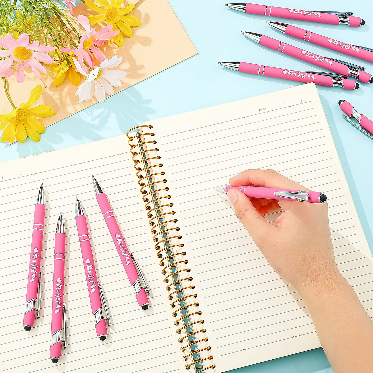 24 Pcs Baby Shower Rose Red Blue Pens It's a Boy/Girl Ballpoint Baby Shower Pens with Stylus Tip Black Ink Retractable Baby Shower Gel Ink Pens for Baby Shower Games Favors Decors (Rose Red, Girl)