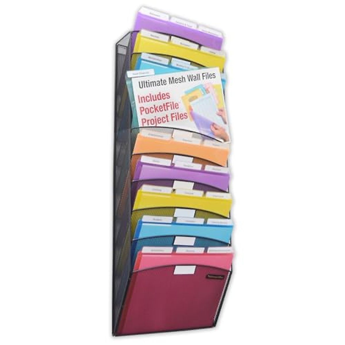 Ultimate Office Mesh Wall File Organizer, 10 Tier Vertical Mount Hanging File Sorter. Multipurpose Display Rack Includes 18, 3rd Cut PocketFile Clear Document Folder Project Pockets (Black)