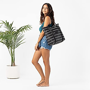 ALOHA Collection Pinstripe Zipper Tote in White on Black