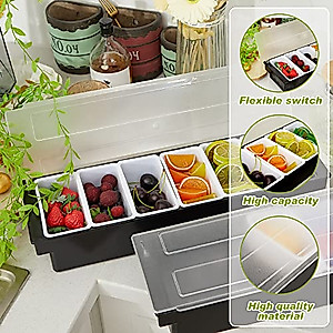Tessco 2 Piece Ice Cooled Condiment Serving Container Chilled Garnish Tray Bar Caddy Large with Hinged Lid for Home Work or Restaurant, Black (6 Compartments)